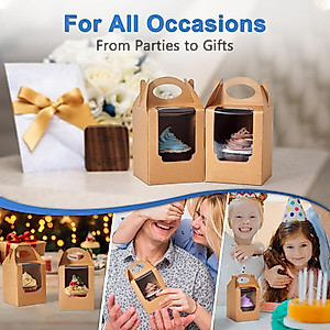Shallive Cupcake Boxes 50pcs, Individual Cupcake Containers Brown with Window Insert and Handle, Pastry Box Single Muffins Holder Disposable for Bakery Wrapping Party Favor Packaging
