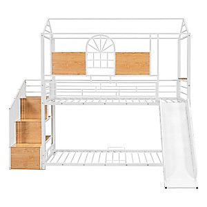 Harper & Bright Designs Metal Twin Over Twin Bunk Beds with Slide, House Bunk Bed with Storage Stairs, Kids Bunk Beds with Roof and Guardrails for Girls Boys Teens, White+White Slide