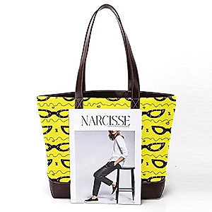 Leather Canvas Tote Shoulder Bag Yellow Cat Eye Glasses Pattern