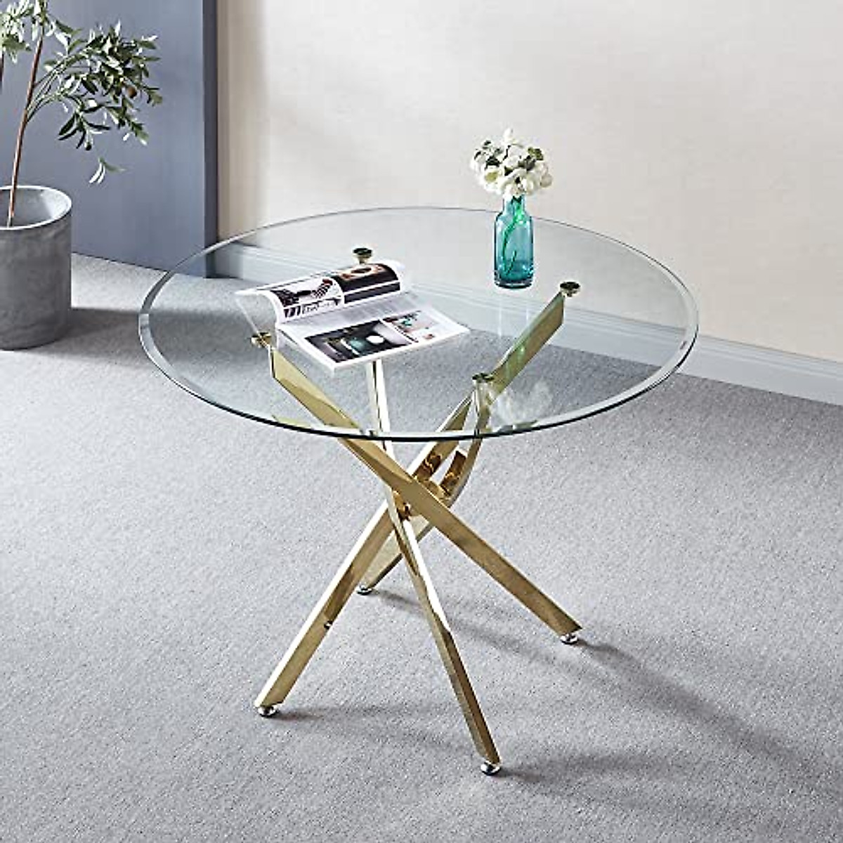 Henf Modern Glass Round Top Dining Table with Gold Metal Legs, Contemporary Circle Tempered Glass Dining Table with Stainless Steel Base for Home Office Kitchen Dining Room (Table Only)