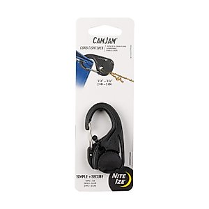 Nite Ize CamJam Cord Tightener - Tie Down Cam Mechanism with Carabiner Clip - Plastic Carabiner & Stainless Steel Lock - Utility Rope & Cord Tightener - Camping Accessory - Black