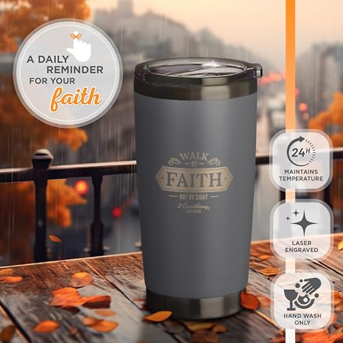 Christian Art Gifts Stainless Steel Double Wall Vacuum Insulated Travel Mug 18 oz Gray Bible Verse Tumbler with Retractable Lid for Men & Women - Walk by Faith - 2 Corinthian 5:7