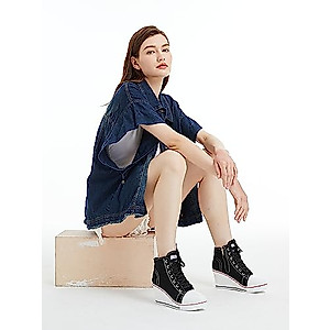 Hurriman Wedge Sneakers for Women, High Heel Platform High Top Canvas Shoes Lace up Zipper Fashion Sneakers, Tenis Zapatos de Cuña Plataforma Tacón para Mujer, Suitbale for Y2K & Harley Quinn Cosplay