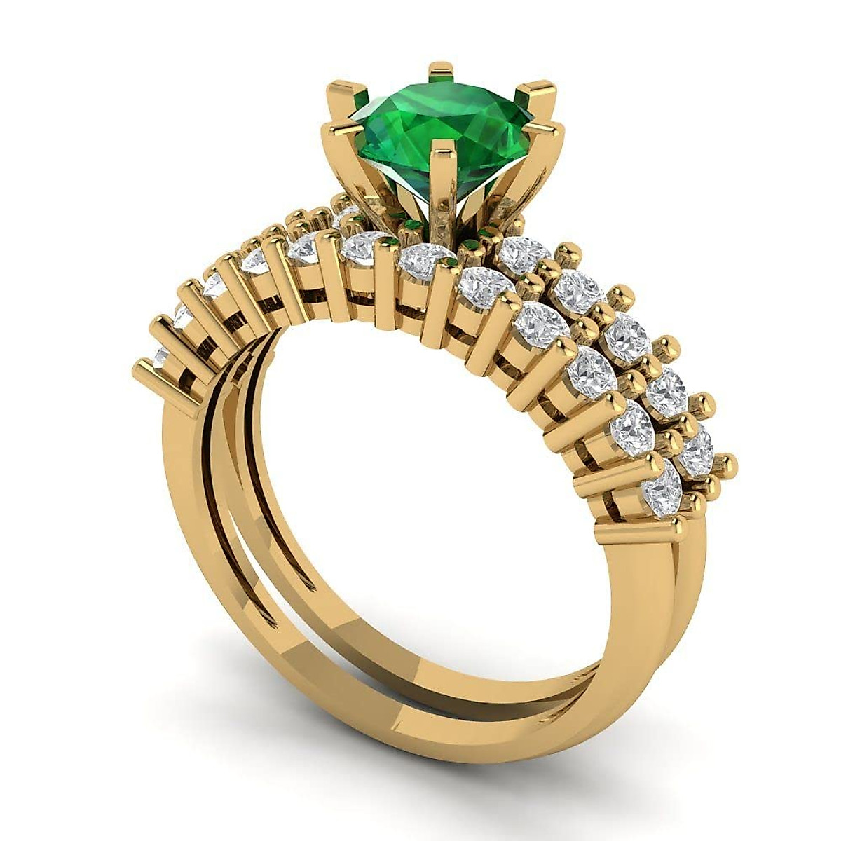 Clara Pucci 3.1 ct Round Cut Solitaire Genuine Simulated Emerald Designer Art Deco Statement Wedding Ring Band Set 18K Yellow Gold 6.5