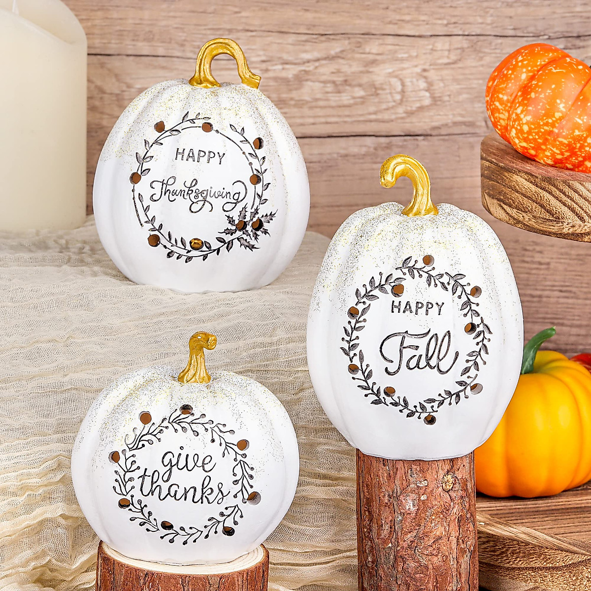 Fovths 3 Pack Happy Fall White Pumpkin Light Tabletop Decor Set Pumpkin Resin with LED Light Autumn Tabletopper Decorations for Fall Harvest Thanksgiving Party Home Table Decorations