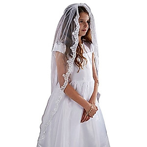 Sacred Traditions Girls Tulle Lace Edge Mantilla First Communion Veil, White, 45 Inch