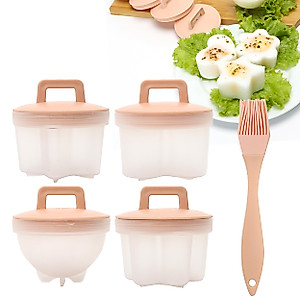Cute Set of 4 Egg Cooking Pods Mold Boiled Pink Microwave and Stovetop Hard Boiled, Soft Boiled Holder Poacher Cups, Jello Cups with Lids, Square Shaper Fun Cookery Kitchen Gadgets (including oil brush)