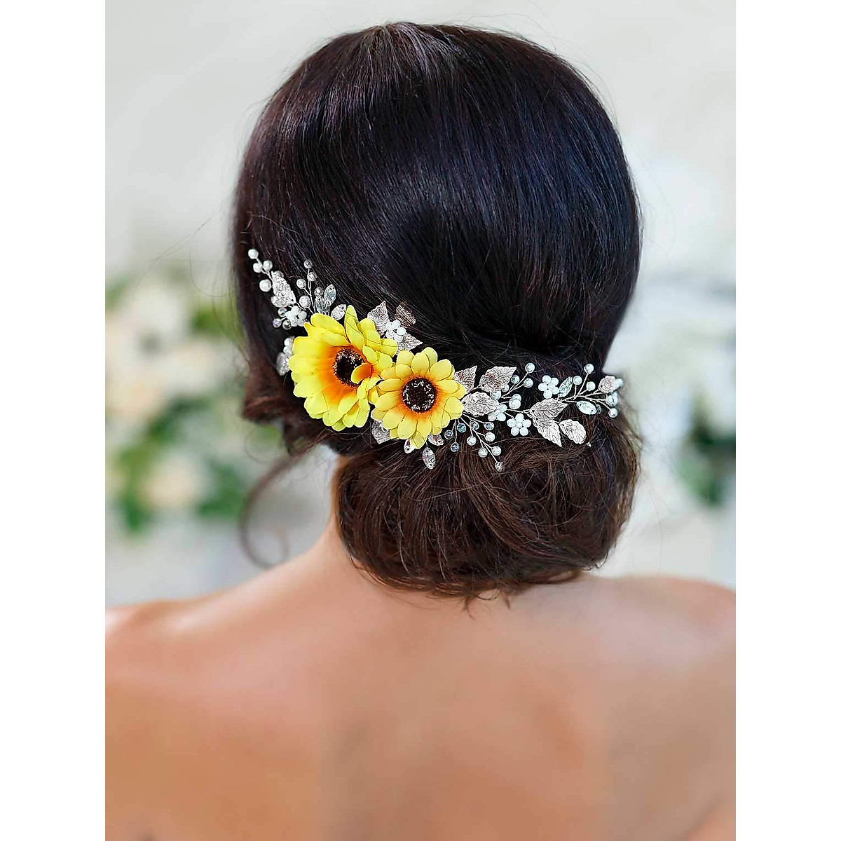 BAROGIRL Wedding Hair Vine Accessory Sunflower Bride Headpiece Gold Flower Headband for Women and Girls (Silver)
