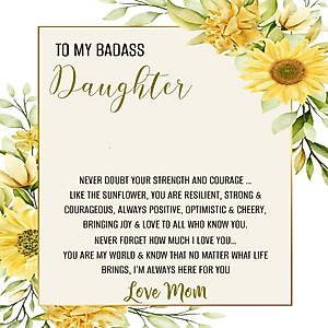 To My Badass Daughter Gift From Mom Sunflower Necklace for Women, 925 Sterling Silver and Real Gold Cubic Zirconia Sunflower Pendant with Sentimental Message Card, From Mom Mommy, White