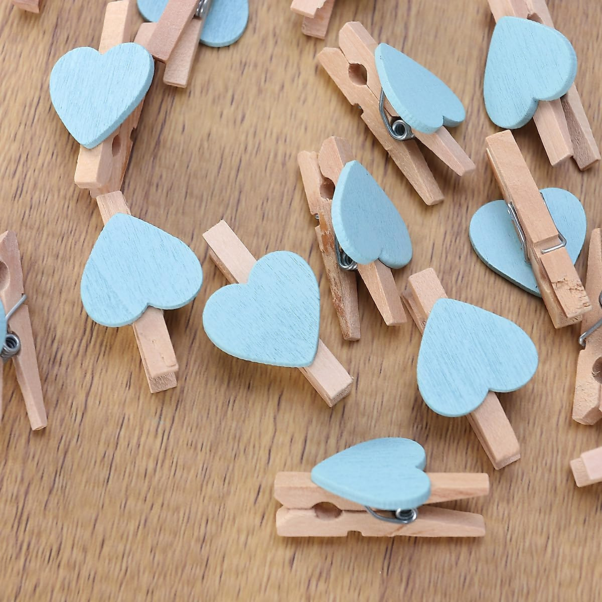 NUOBESTY 50pcs Mini Wooden Clips Clothespins Crafts Clips with Hearts for Wedding Party Valentines Day Decoration Blue