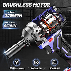 Elikliv Cordless Impact Wrench 1/2 inch, 500Ft-lbs Max Torque(650N.m), 21V 3000 RPM Power Impact Gun with 4 Sockets, 4000mAh Battery with Fast Charger, Electric Impact Driver for Car Truck Tires Home