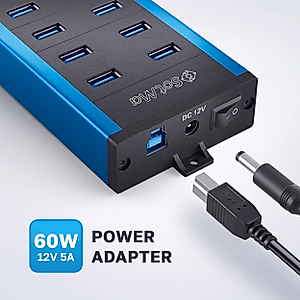 USB 3.0 Powered Hub - Multi-safety 10-Port Hub 3.0 with Adapter - Aluminum USB Splitter with Mounting Brackets - Extra USB Ports for Laptops & PC