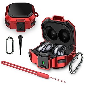 [with Lock] Armor Cover for Galaxy Buds Pro Case/Galaxy Buds 2 Case/Galaxy Buds Live Case,Shockproof PC+TPU Protective Cover for Samsung Buds 2/Buds Pro/Buds Live with Keychain&Wrist Strap&Brush(Red)