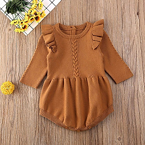 Merqwadd Infant Toddler Baby Girl Warm Romper Solid Longsleeve Knit Sweater Winter Rompers (Knitted Romper-Brwon, 6-12 Months)
