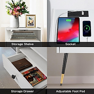 PHECDA Solid Wood Nightstand with Charging Station, Side Table with Drawer and Storage Shelf, Bedside Table with USB Port and Sockets (White)