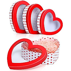 3 Pcs Valentine's Day Heart Shaped Boxes with Transparent Window Lid Dot Heart Flower Boxes Heart Box Floral Gift Box Goody Box Party Favors for Packaging Flowers Arrangement Strawberries, 3 Sizes