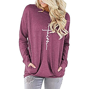 Mansy Women's Faith Sweatshirt Loose Fit Long Sleeve Crewneck Christian Letter Print Tunic Tops with Pocket