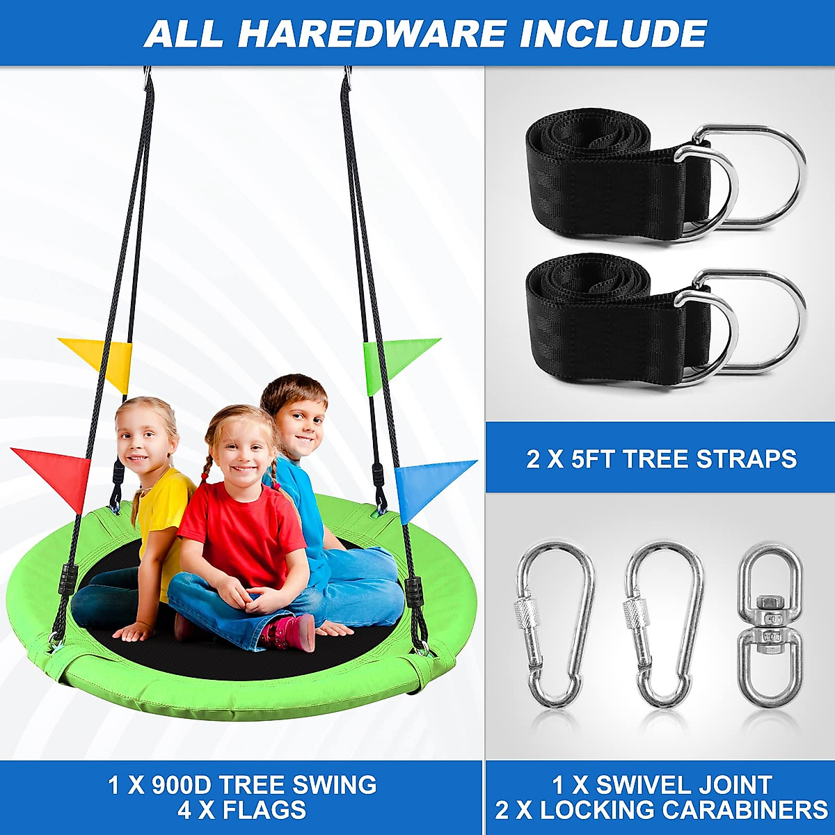 Odoland 40 inch Kids Saucer Tree Swing, Large Outdoor Chidren Round Rope Swing Installed on Tree and Backyard, 900D Waterproof Oxford Flying Saucer Platform Swing Great for 3 Kids or 1 Adult Green