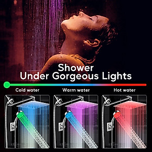 Shower Head with LED, High Pressure 10'' Rain Shower Head with 11'' Adjustable Extension Arm, LED Shower Head Color Changing Based On Water Temperture, Stainless Steel Shower Head with Hose, Chrome