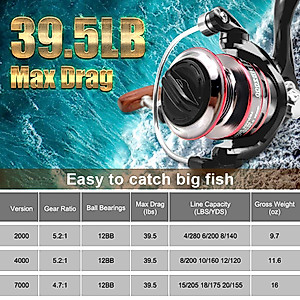 Fishing Reel, Spinning Reel, Ultralight 5.2:1 Gear Ratio, 12 Ball Bearings, 39.5LB Carbon Fiber Drag, Reversible Handle for Left and Right Retrieve, Perfect for Freshwater and Saltwater (H2000)
