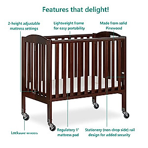 Dream On Me 2 in 1 Portable Folding Stationary Side Crib in Espresso, Greenguard Gold Certified 40x26x38 Inch (Pack of 1)