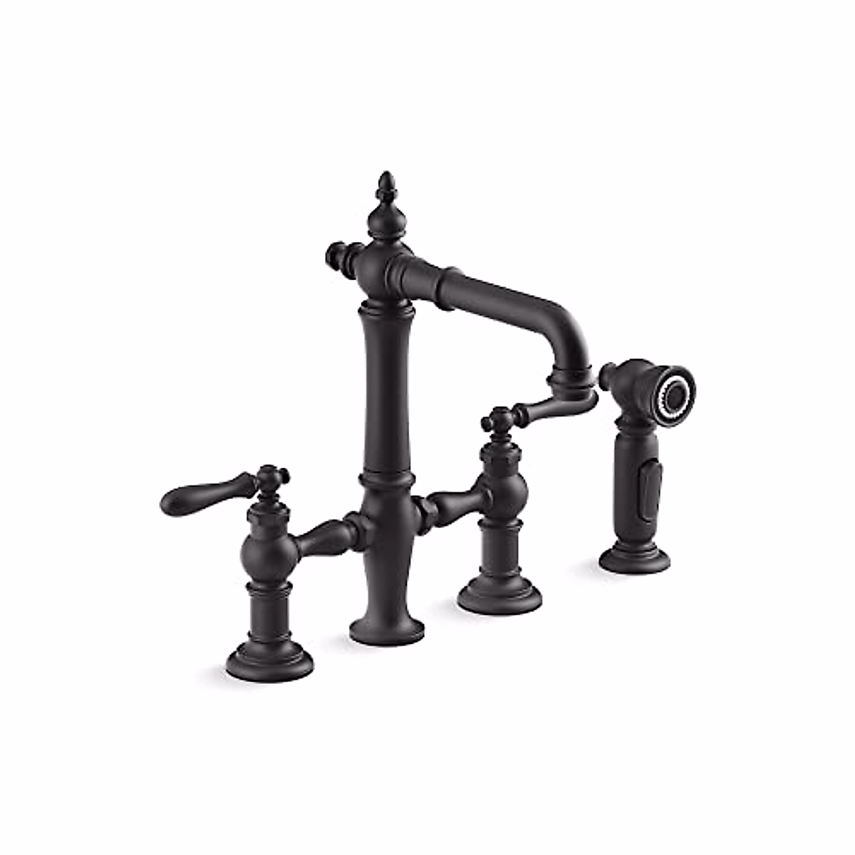 Kohler 76520-4-BL Artifacts Deck-Mount Bridge bar Sink Faucet with Lever Handles and sidespray, Matte Black