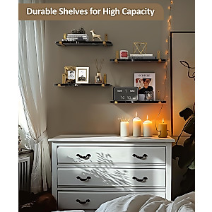 Afuly Black Floating Shelves for Wall, Gold Shelf for Home Decor, 16 inch Wall Mounted Shelves for Living Room Bedroom Bathroom, Modern Luxury Storage Display Marble Shelf