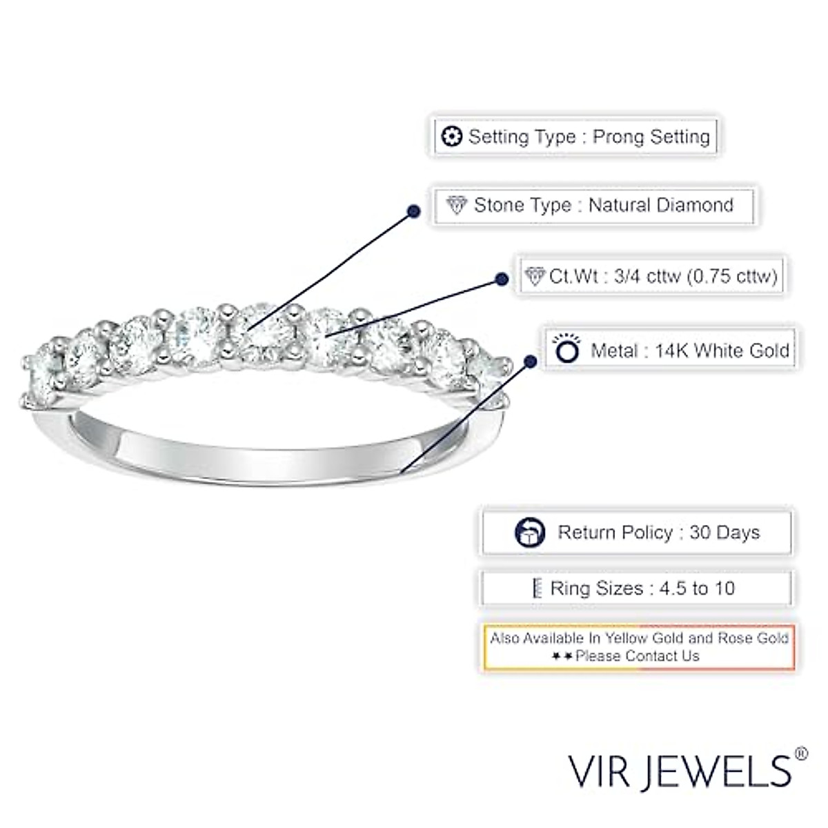 VIR JEWELS 3/4 carat (ctw) Diamond Wedding Anniversary Band for Women, Round Diamond Engagement Ring 14K White Gold 9 Stones Prong Set 0.75 cttw, Size 8.5