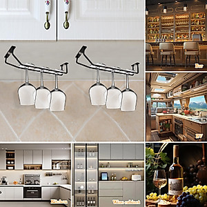 10.8 Inch Long Single Rail Wine Glass Rack Under Cabinet Cupboard, Yimerlen Metal Stemware Holder Wine Glass Holder Wine Glass Hanger for RV Mini Bar Kitchen Storage (Black- 2 Pack)