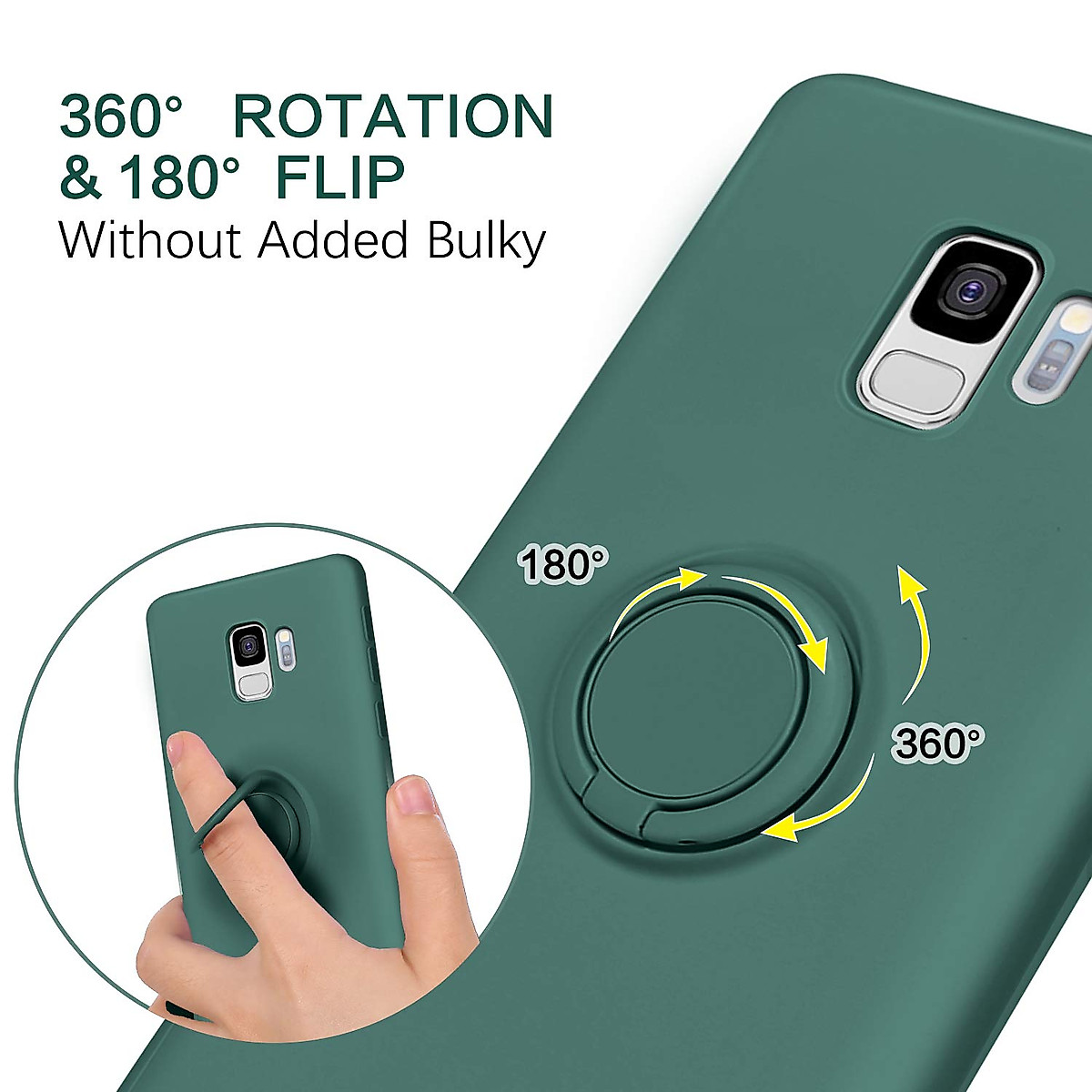 BENTOBEN Samsung Galaxy S9 Case, Slim Silicone | 360° Ring Holder Kickstand | Support Car Mount | Soft Rubber Shockproof Bumper Protective Non-Slip Case for Samsung Galaxy S9 5.8" (2018), Dark Green