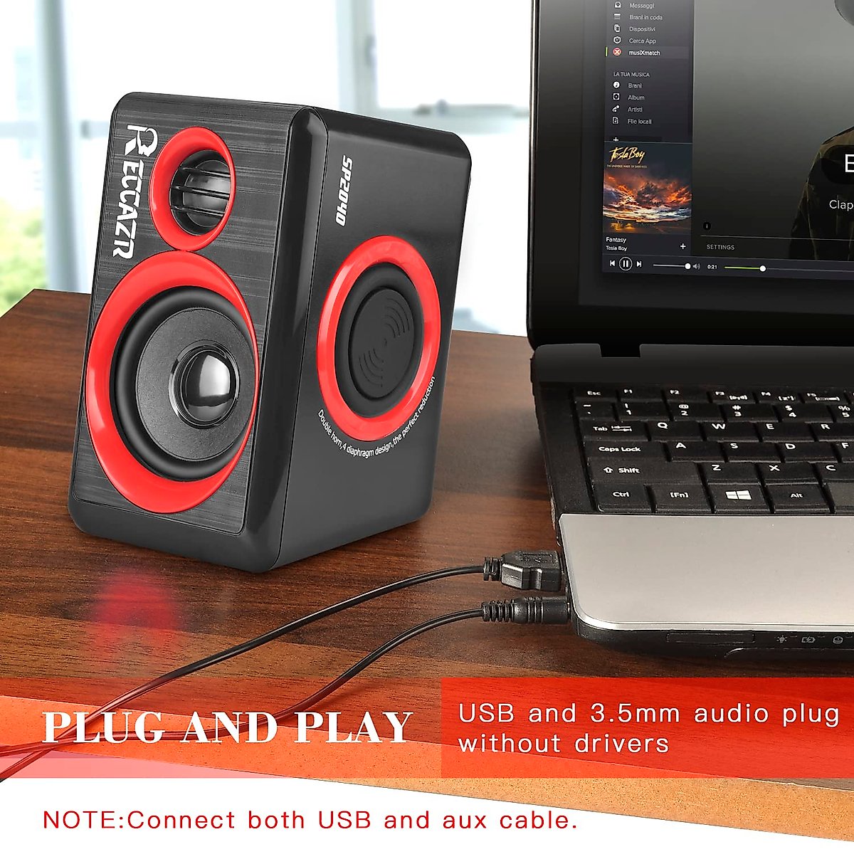 Computer Speakers, 2.0 CH PC Speakers with Surround Sound, USB Wired Laptop Speakers with Deep Bass for Desktop Computer/PC/Laptops/Smart Phone Build-in 4 Loudspeaker Diaphragm Reccazr SP2040|RED