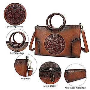 PU Handbag for Women,Vintage Design Embossed Totem Purse Organizer Top-Handle Satchel Handmade Medium Crossbody … (Brown)