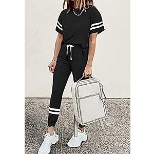 PRETTYGARDEN Women’s Summer Two Piece Outfits Striped Short Sleeve Pullover and Long Pants Tracksuit Pajama Lounge Jogging Set With Pockets (Black, Large)
