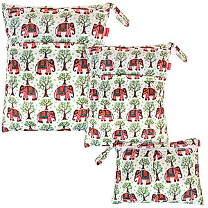 Damero 3pcs Pack Wet Dry Bag for Cloth Diapers Daycare Organizer Bag, Elephants