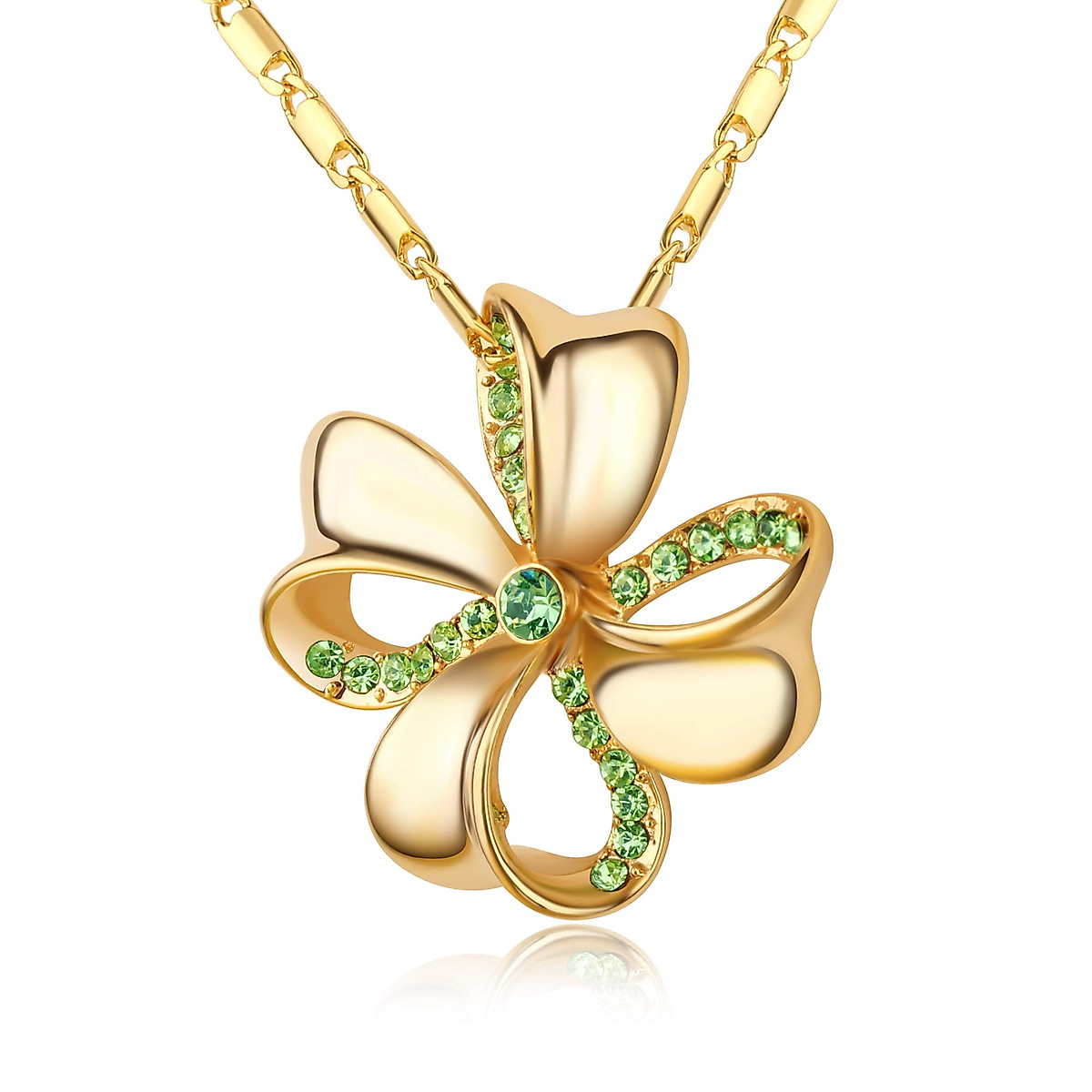 KRUCKEL Four Leaf Clover Necklace - Champagne Gold Lucky Flower with Vibrant Green Austrian Crystal Pendant, Jewelry for Women, Easy - Wear Fashion Aesthetic Design Accesory