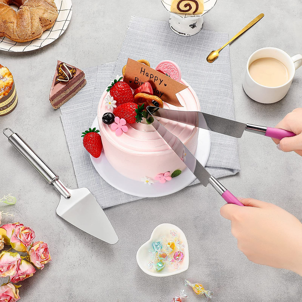 2 Pieces Cake Slicer Cutter Multi Function Stainless Steel Cake Spatula Stainless Steel Cake Server Set for Cakes Pie Desserts Pizza (Pink Purple)