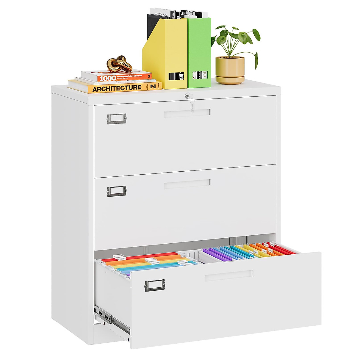 MIIIKO Lateral File Cabinet 3 Drawer, White Metal Filing Cabinet with Lock Lock for Home Office, Large Storage File Organizer for Hanging File Folders,Easy Assemble