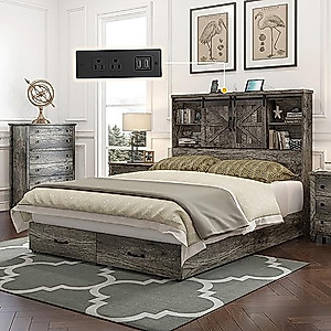 HOWE Queen Size Wood Platform Bed Frame with 51.2" Bookcase Headboard, Storage bed with Sliding Barn Door Charging Station 2 Drawers, No Box Spring Needed/Noise Free/Farmhouse/Rustic Grey