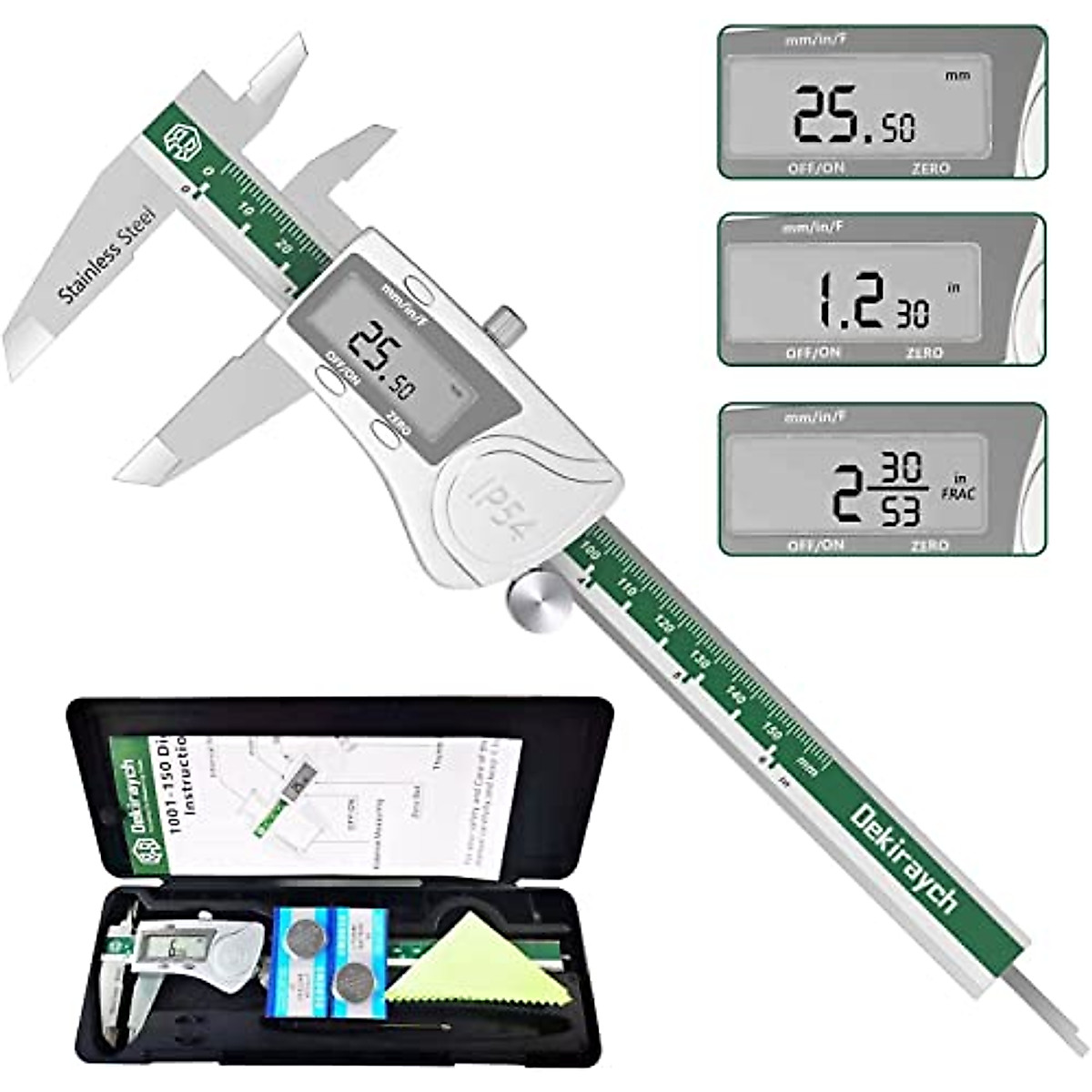 Digital Caliper,0-6'',Dekiraych Metric,Inch,Fraction Caliper Measuring Tool, Stainless Steel Electronic 6 inch Caliper Measurement Tool, IP54 Waterproof Vernier Caliper, Large LCD Display (150mm)