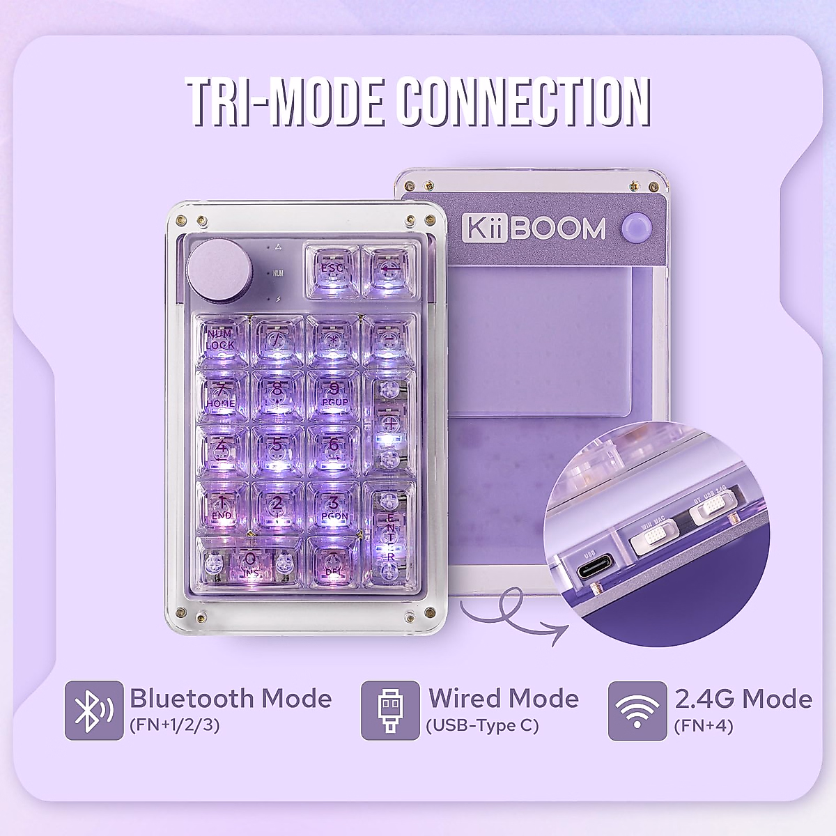 KiiBoom Phantom 21 Hot Swappable Crystal Acrylic Numpad, BT5.0/2.4GHz/USB-C Triple Mode NKRO Programmable Numeric Keypad with Knob, South-Facing RGB, 1900mAh Battery for Win/Mac (Purple)
