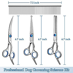Pets vv Dog Grooming Scissors Kit with Safety Round Tips, Stainless Steel 5 in 1 Dog Grooming Supplies Shears Tools Comb Set, Professional Pet Grooming Scissors Thinning Curved Shears for Dogs & Cats