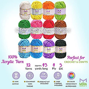 Mira Handcrafts 12 Acrylic Yarn Skeins, 2 Crochet Hooks and Real Project Book - Total 516 Yards Crafts Worsted Yarn – Ideal Starter Kit and Excellent for Mini Projects and Granny Squares