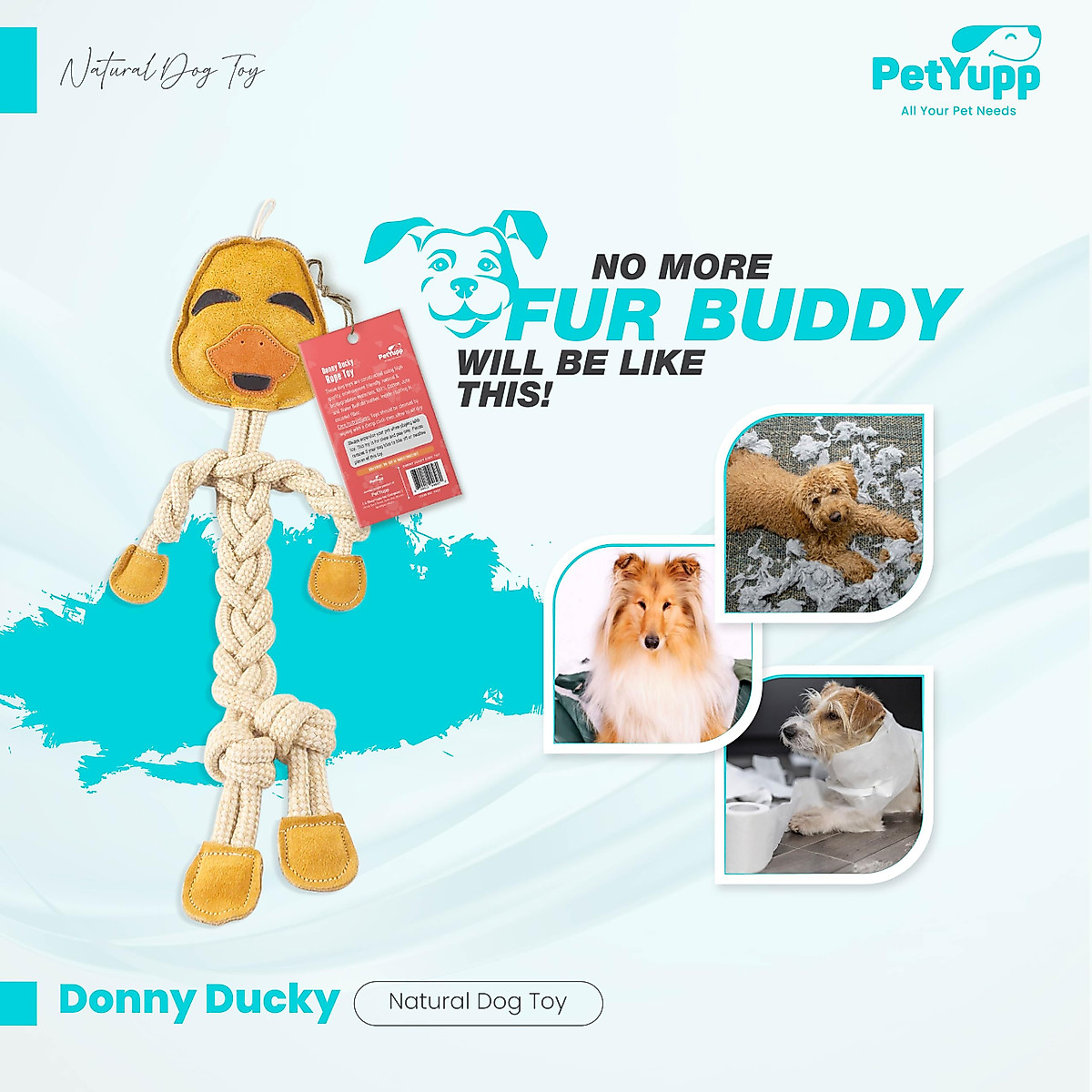 PetYupp Natural Cotton & Jute with Genuine Leather Rope Dog Chew Toy - 16" Long - Interactive Dog Toy for Teething Puppies, Small, & Medium Size Dogs, Promote Dental Health (Donny Ducky)