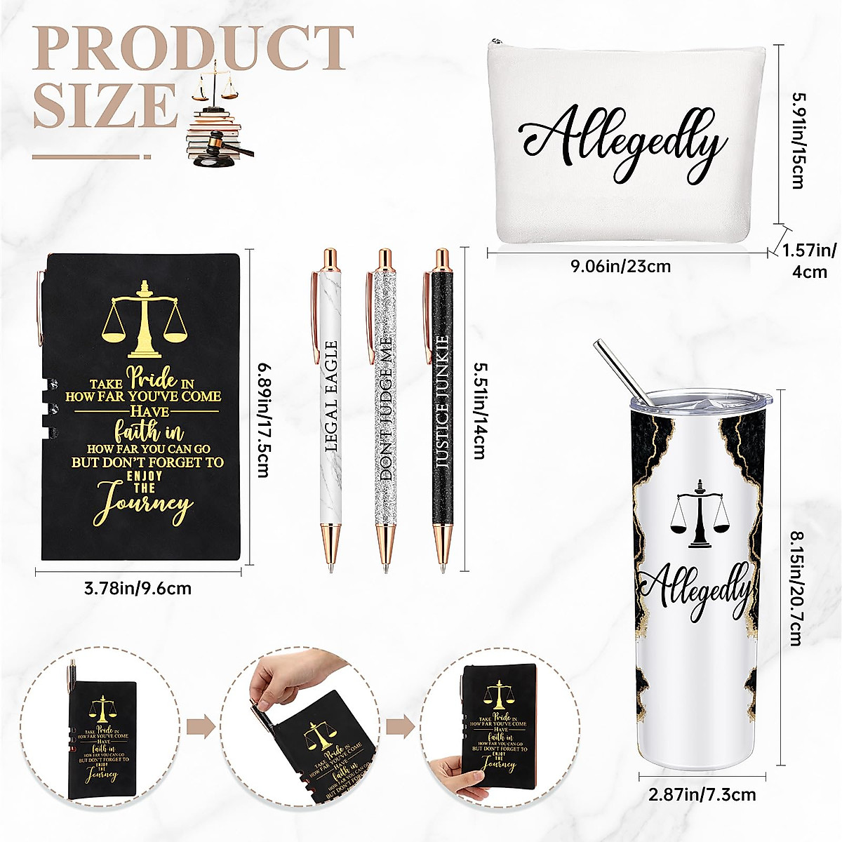 Domensi 6 Pcs Funny Allegedly Lawyer Gifts Judge Gift Lawyer Appreciation Day Gift 20 oz Marble Sign Tumbler Makeup Bag Notepad Ballpoints for Law Paralegal School College Teacher(Black)