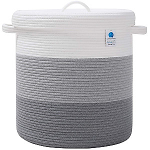 16" x 16" x 18" Extra Large Storage Basket with Lid, Cotton Rope Storage Baskets, Laundry Hamper, Cloth Bin, for Clothes Towels Blankets Pillows Storage in Living Room, Light Grey/Grey with Cover