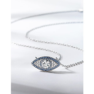 CannyCat Moissanite Evil Eye Pendant Necklace 1.2 CTTW D color VVS Moissanite and Sapphire Necklaces Lab Created Diamond Platinum Plated Sterling Silver Chain 16”+2” Lucky Gift for Women