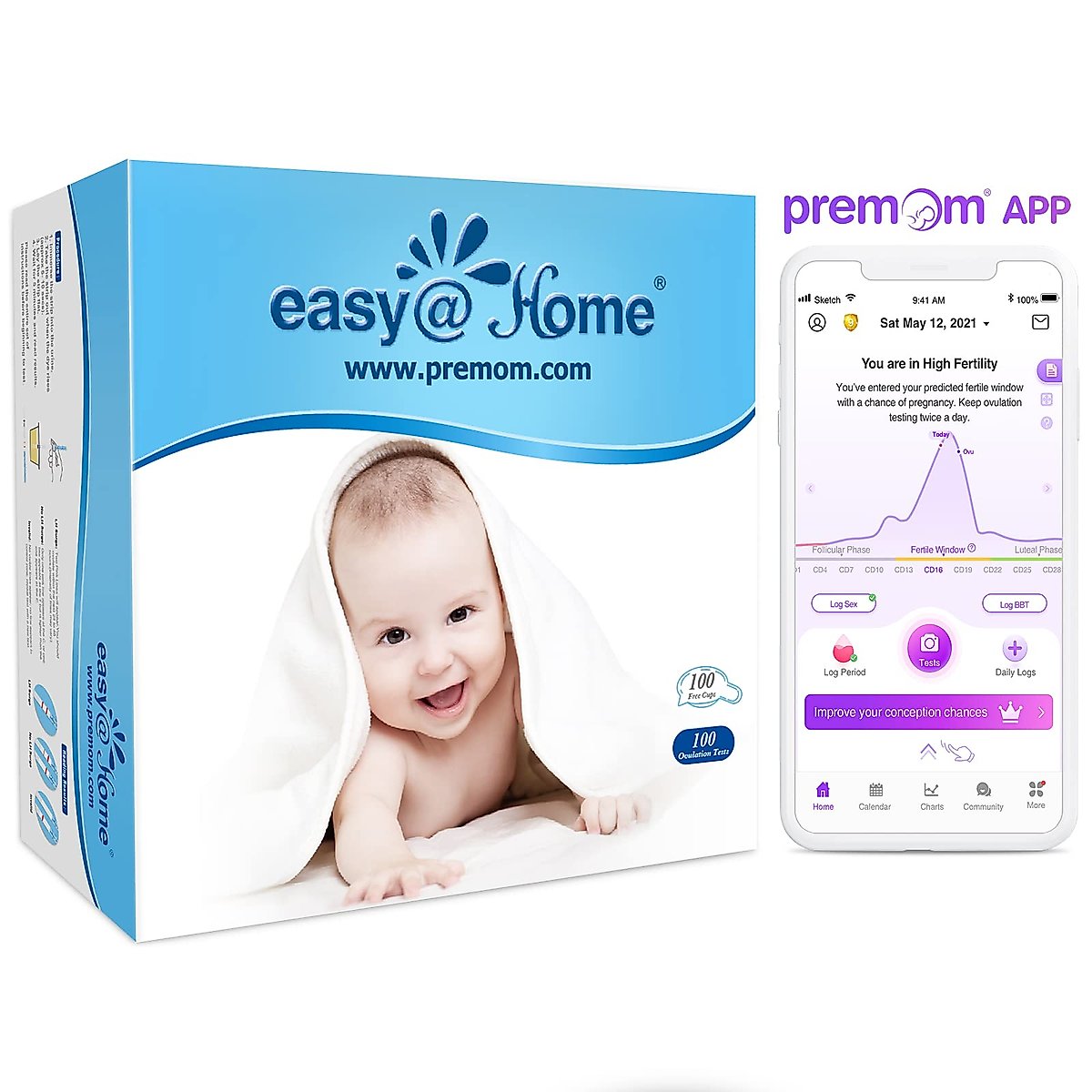 Easy@Home Ovulation Test Strips, 100 Pack Fertility Tests, Ovulation Predictor Kit, FSA Eligible, Powered by Premom Ovulation Predictor iOS and Android App, 100LH+100 Urine Cups