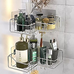 TETOTE Corner Shower Caddy,2-Pack Storage For Inside Shower Adhesive Shelf with Hooks,SUS304 Rustproof No drill Organizer Suction cups for Bathroom Stick On Shelves
