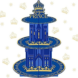 Royal Prince Party Cupcake Stand for Boys Blue 3-Tier Cake Stand Royal Prince Theme Decorations Supplies Barnyard Table Cake Holder Decorations for Baby Shower Royal Prince Birthday