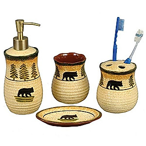 Paseo Road by HiEnd Accents | Rustic Bear 4 Piece Ceramic Bathroom Set with Soap Lotion Dispenser, Tumbler, Toothbrush Holder, Soap Dish, Rustic Cabin Lodge Style